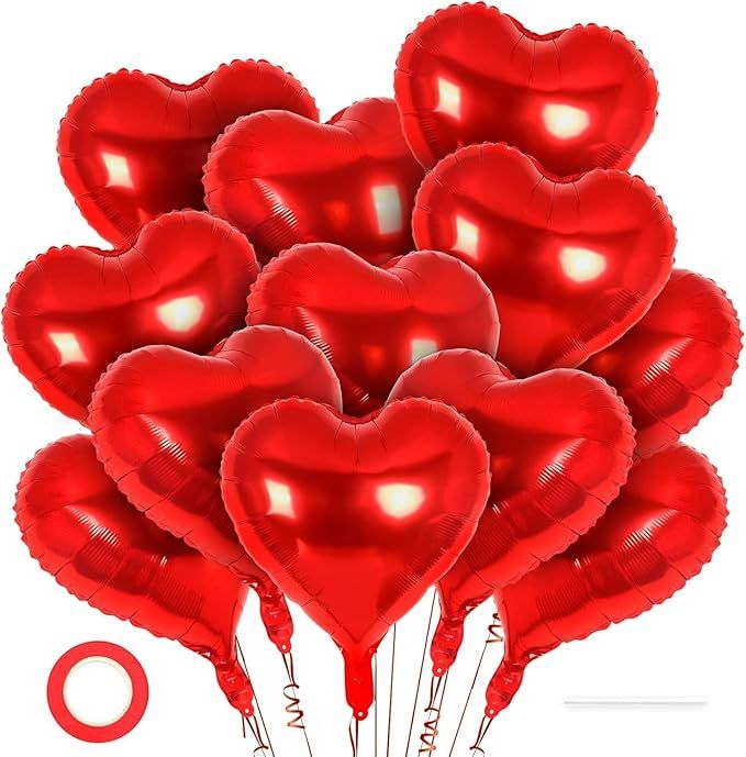 12 Pcs Red Heart Balloons,18 Inch Heart Foil Balloons Love Balloon Val ...